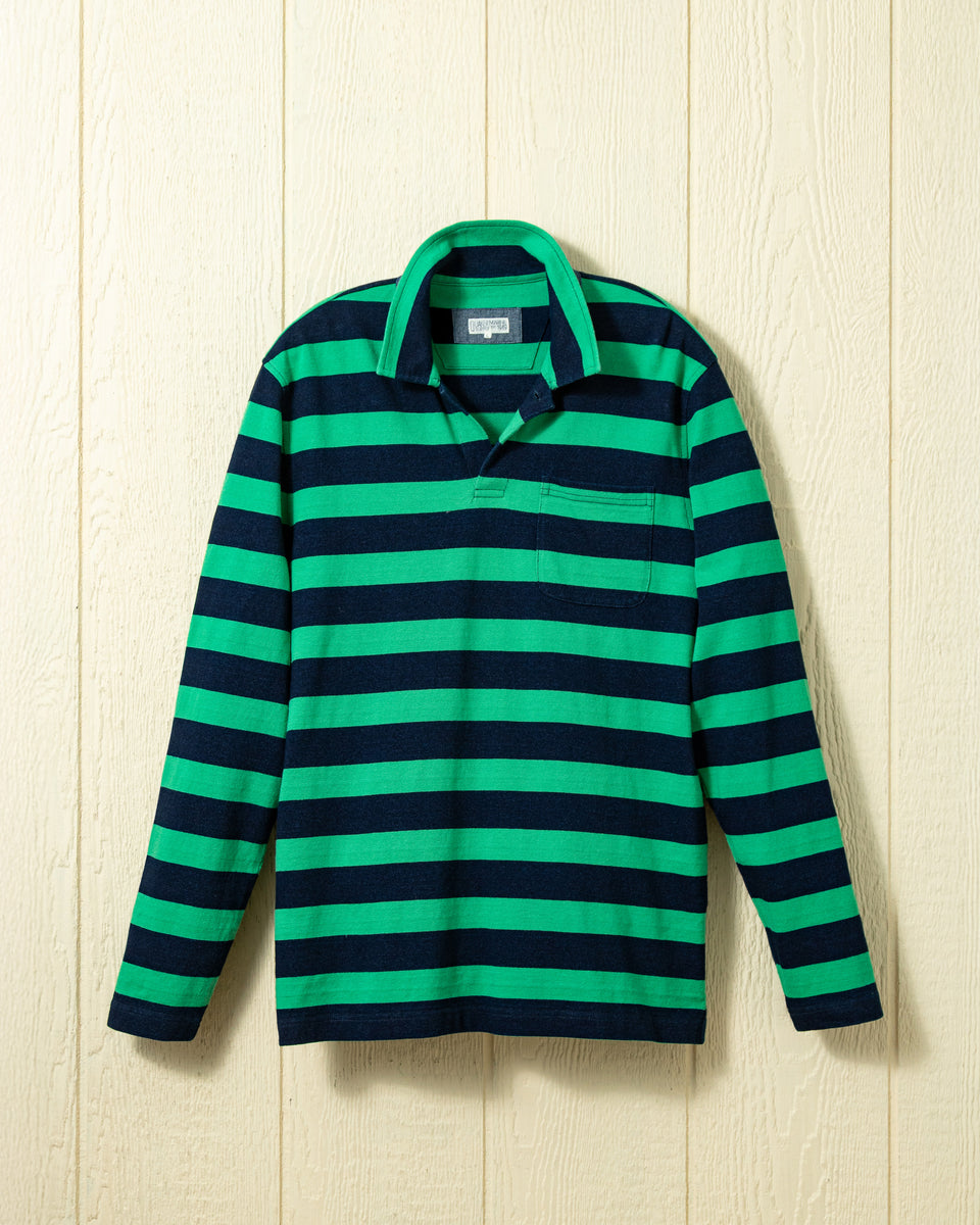 Long Sleeve Indigo Polo in Navy/Billiard Green Wide Stripe – Quaker ...