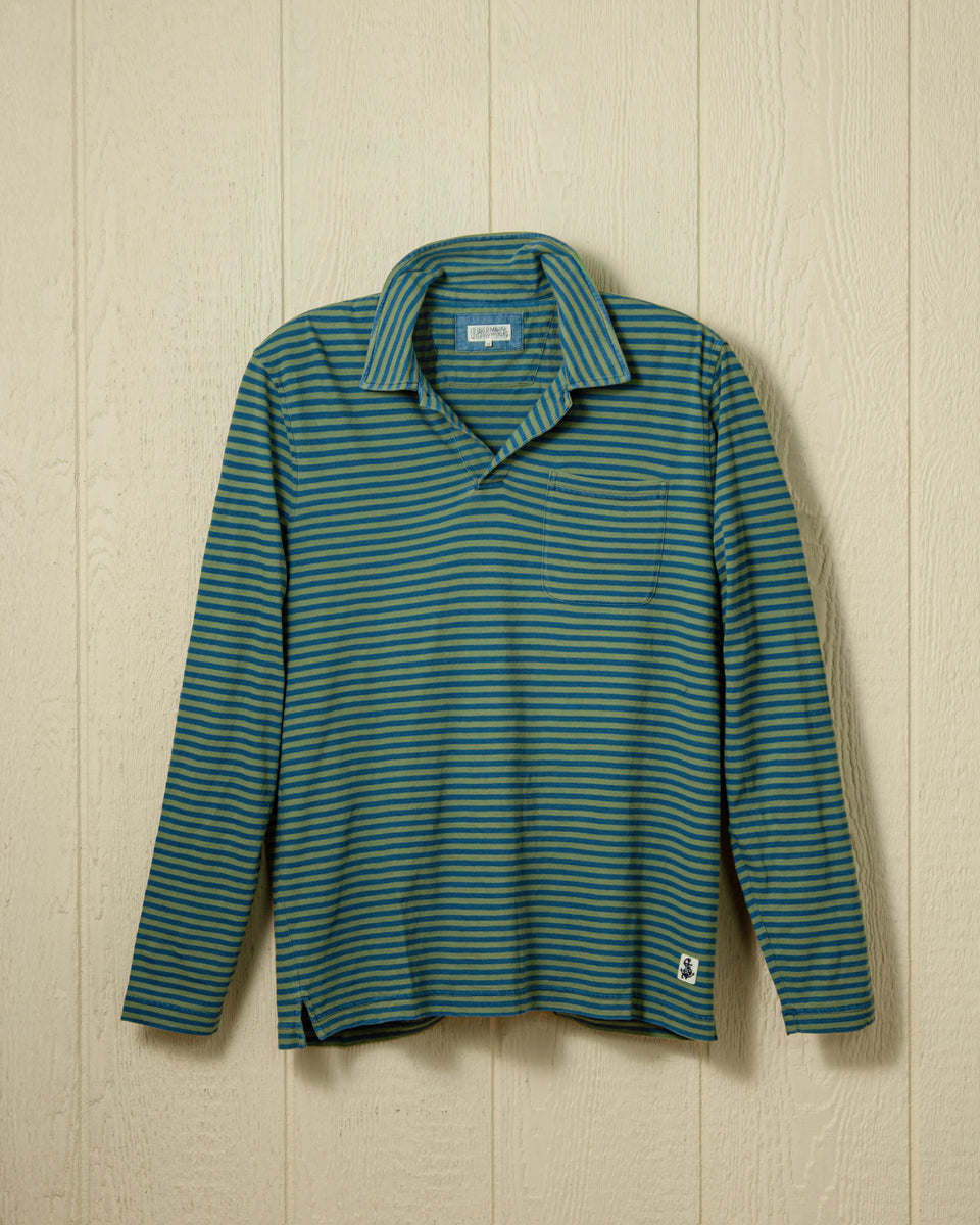Long Sleeve Indigo Polo in Faded Spruce/Navy Even Stripe – Quaker ...