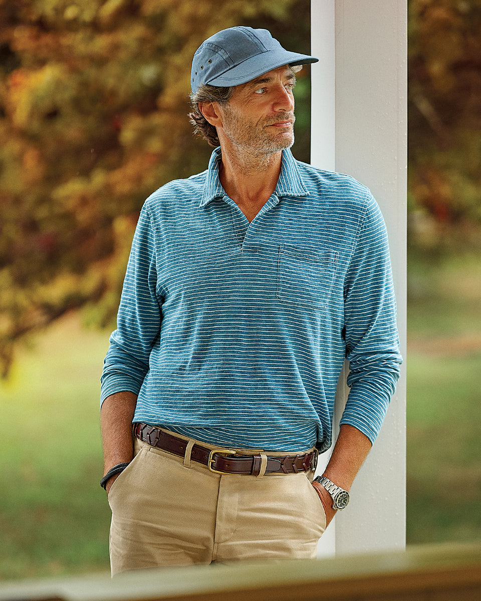 Long Sleeve Indigo Polo in Blue/White Slub Stripe – Quaker Marine ...